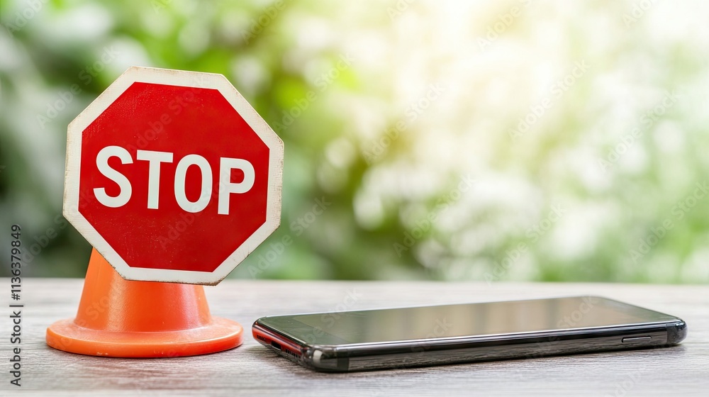 Stop sign and smartphone on wooden table with traffic cone toy create a ...