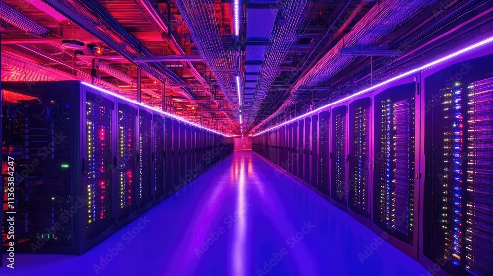 Glowing neon-lit aisles in a modern data center, with visible cables ...