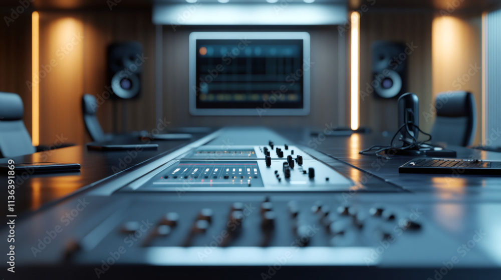 Ready for music production: a modern recording studio control room with ...