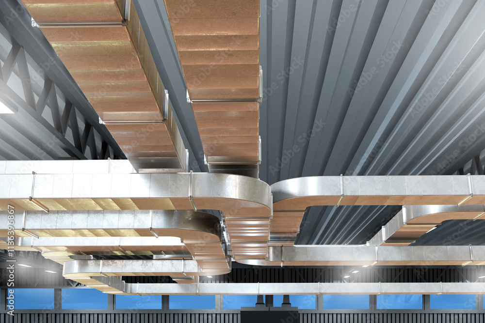 Air handling unit. Industrial utilities. Ventilation pipes under roof ...