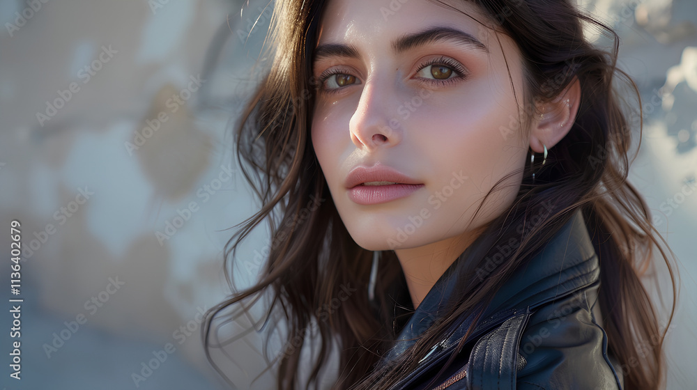beautiful brunette influencer with full-face makeup, wearing a leather ...