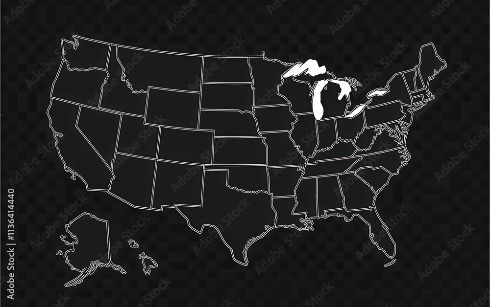 Black silhouette of the United States map, with each state outlined in ...
