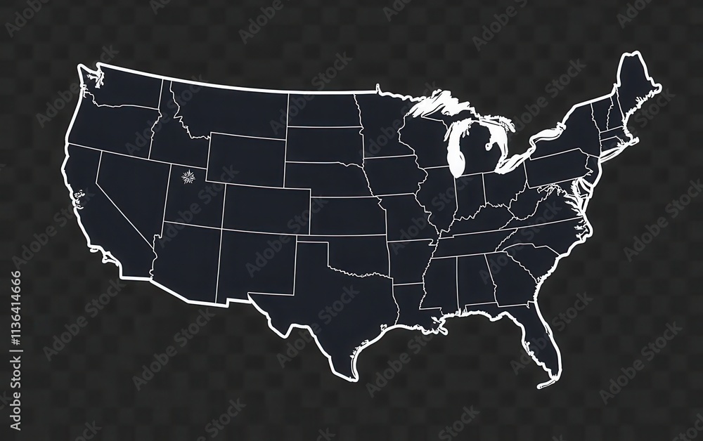Black silhouette of the United States map, with each state outlined in ...