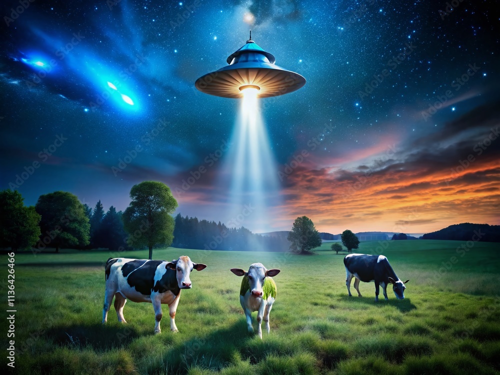 Alien Abduction: UFO Light Beam Steals Cows - Night Sky, Farm Scene, Sci-Fi, Rule of Thirds ...