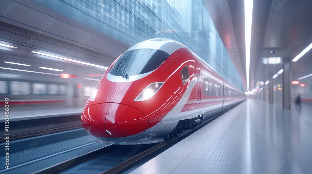 Red and white train navigating a dark tunnel, journey through the ...
