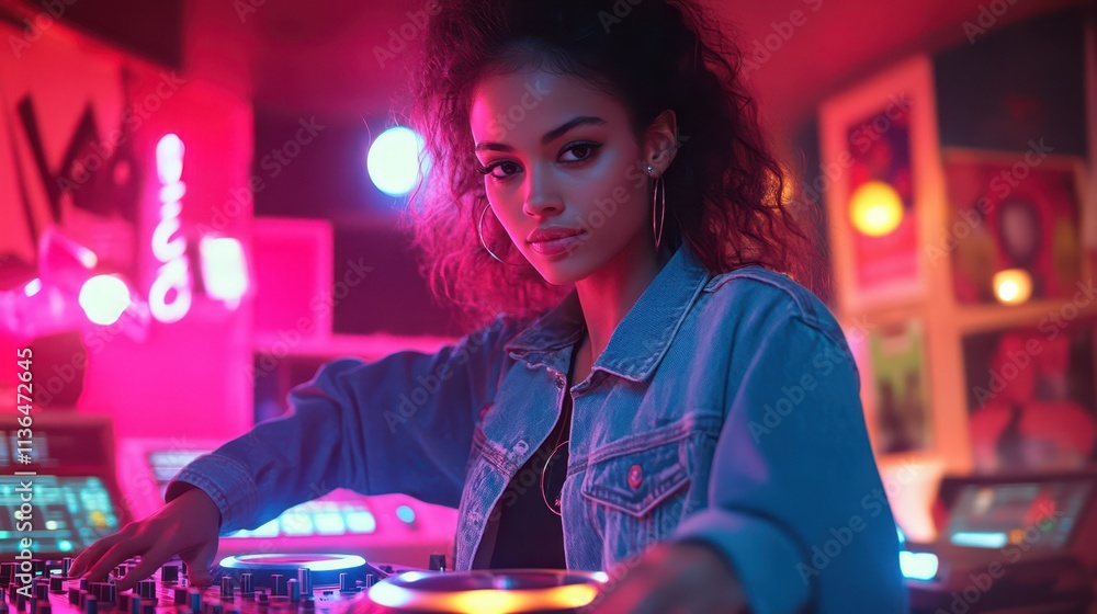 A retro 80s hip-hop party scene with neon lights and a female DJ ...