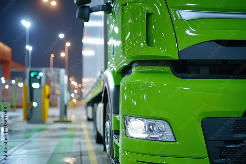 A close-up of a green hydrogen transport truck refueling at a hydrogen ...