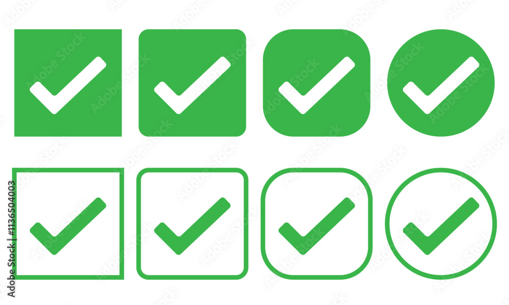 Green check mark icon set, check mark vector icon, round and square ...