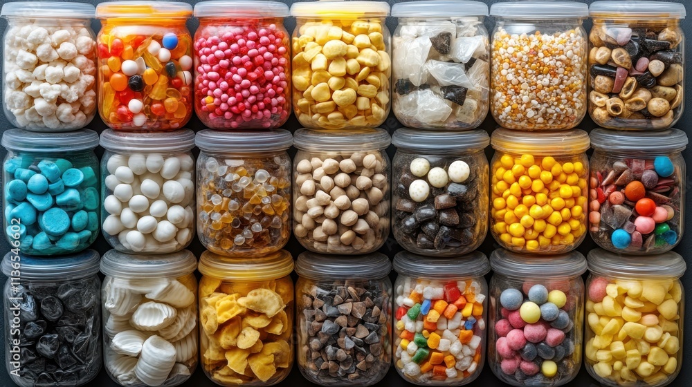 Candy Display. Colorful assorted candy jars in rows on wooden shelf, s ...