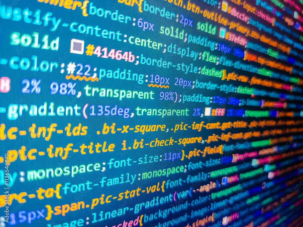 Double exposure image of computer screen displayed lines of binary code information. Blue ...