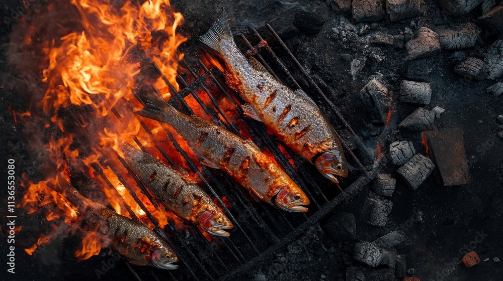 Design a detailed image from above showing trout fish grilling over hot ...