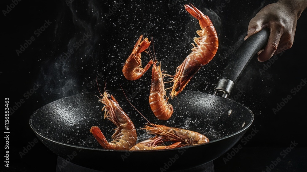 Design a detailed scene showing king prawns in a frying pan, airborne ...