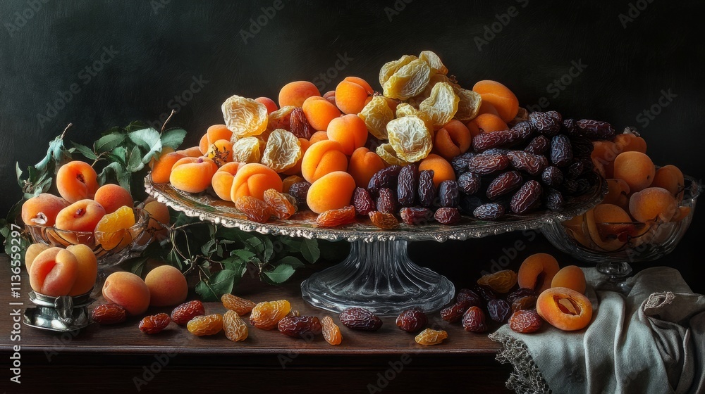 Design an artistic still life featuring an assortment of dried fruits ...