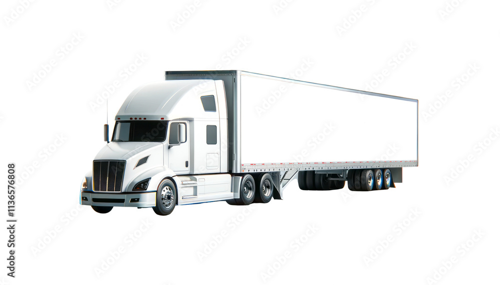 White semi-truck with an attached trailer displayed on a clean white ...