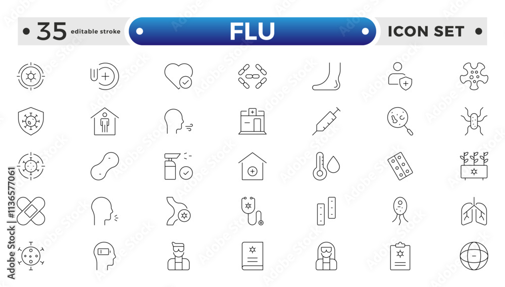 Flu icon set. Illness, diseases, sickness, allergy, pain, organs, virus ...