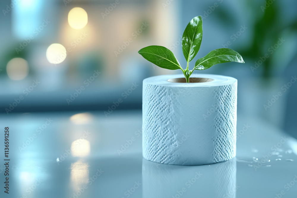 green tree sprout growing in a roll of white toilet paper as a symbol ...
