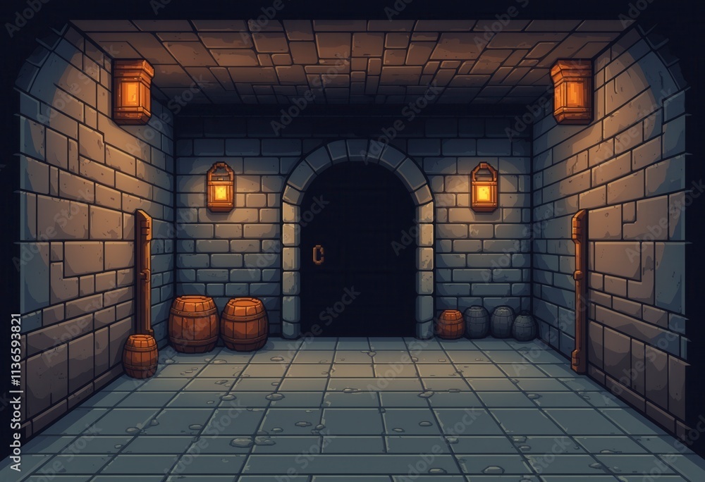 Pixel Art Dark Dungeon Interior with Wooden Barrels and Stone Walls in ...