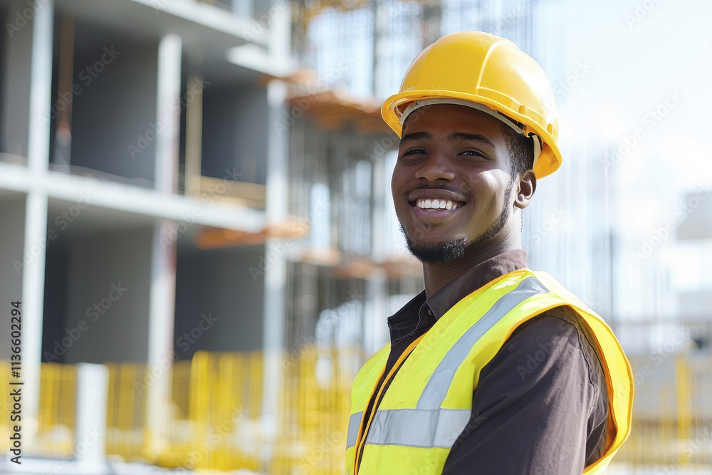 joyful construction worker wearing yellow hard hat and safety vest smiles confidently at ...