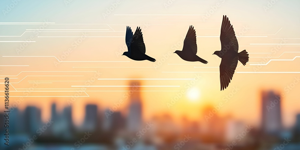 Digital transformation ecosystem concept. Flying birds silhouette ...