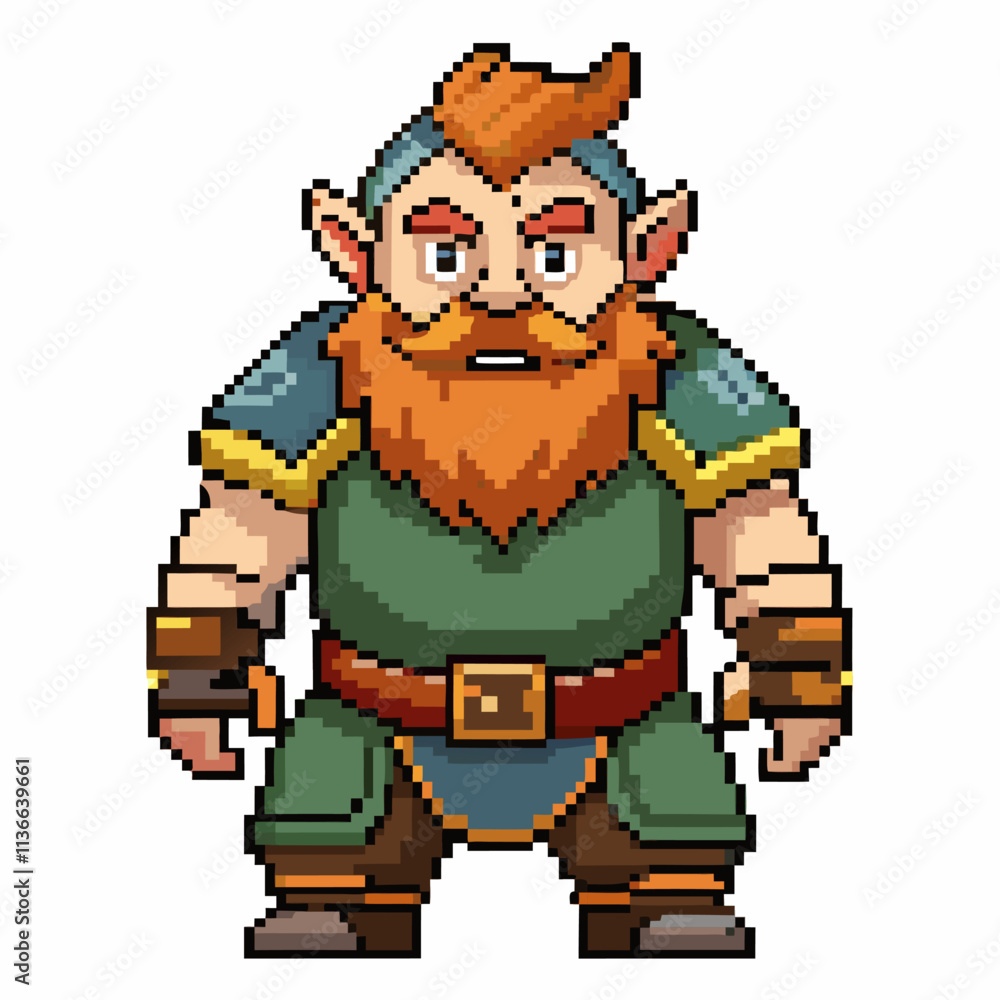 Pixel Art Dwarf Character with Orange Beard and Armor in Retro Video ...