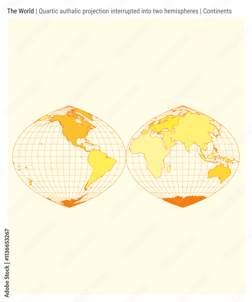 World map in quartic authalic projection interrupted into two ...