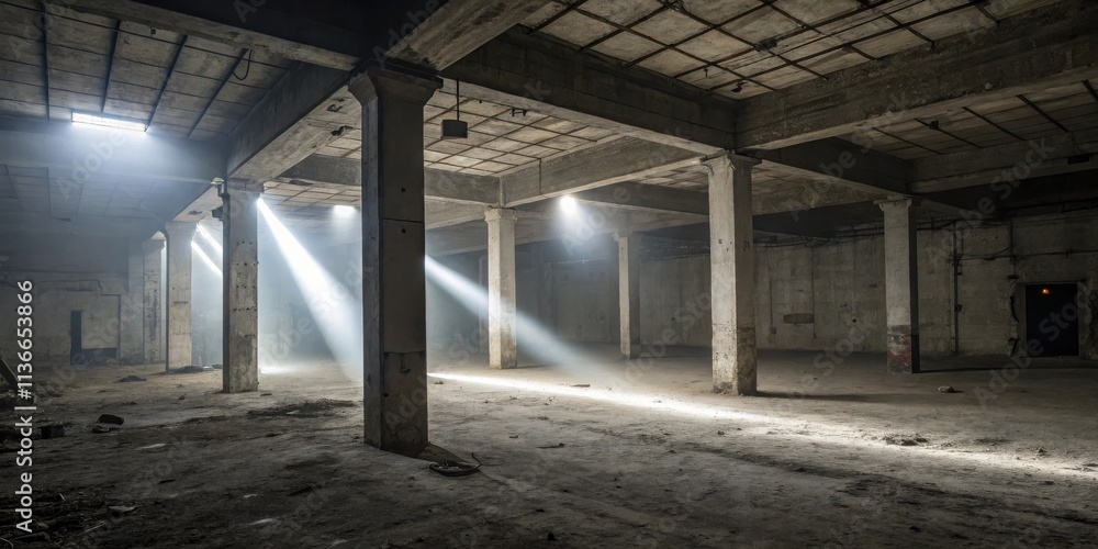 Light beams illuminate the interior of an abandoned warehouse, casting ...