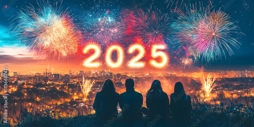 New Year Eve 2025 celebration 3D letter fireworks night sky, confetti ...