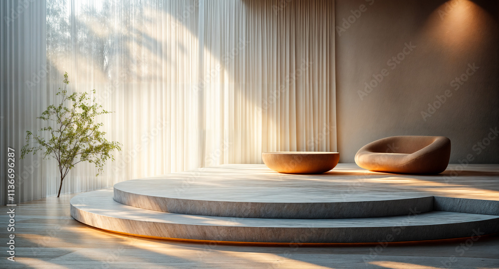 Double podium vide rond dans un pièce zen pour exposition Stock Photo ...