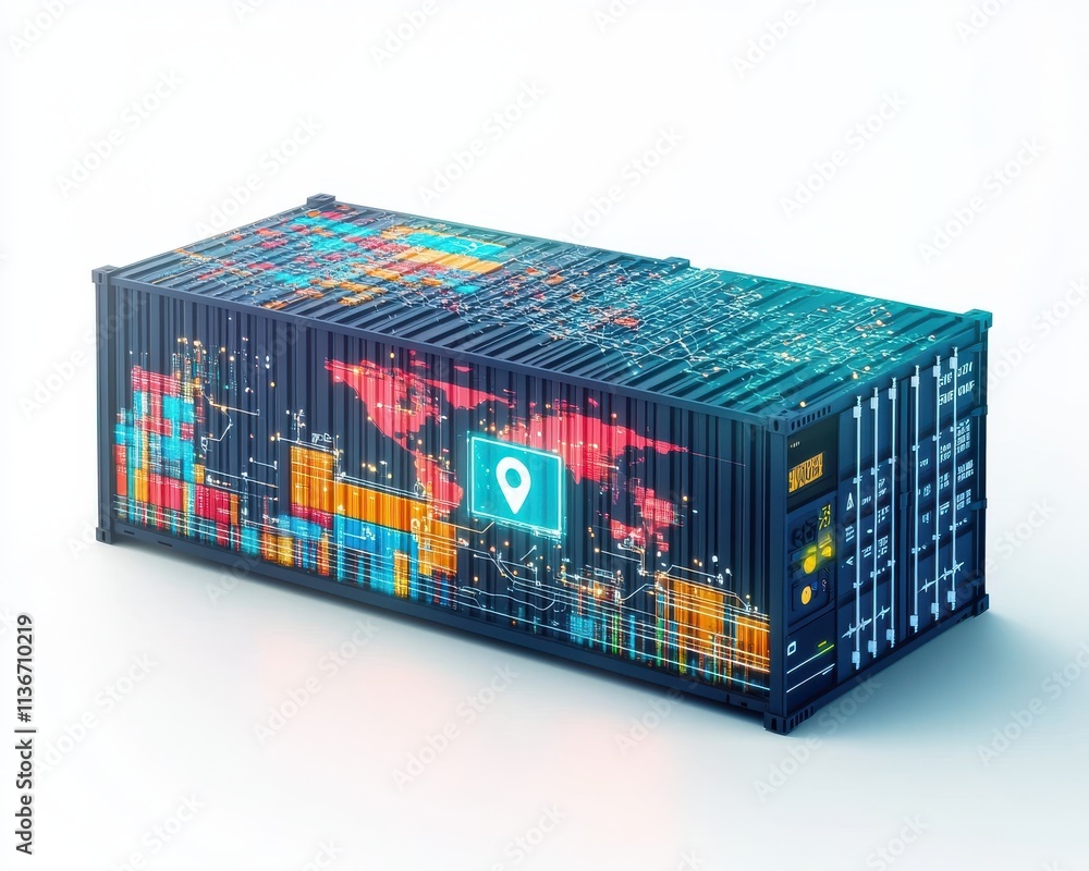 Innovative shipping container with digital map design and vibrant color ...