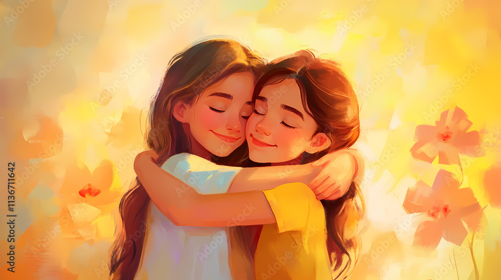Happy best friends girls hugging in a warm embrace - joyful friendship ...