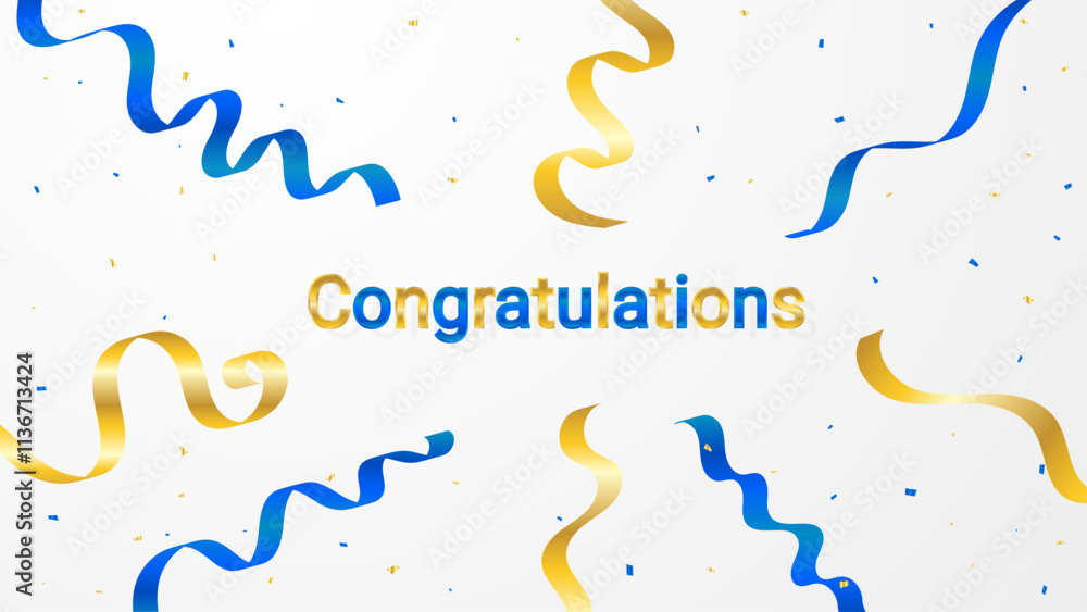 Blue And Gold Congratulations Text On White Background With Confetti, Ribbons. Celebration ...