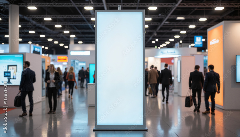 Blank vertical display stand in a busy exhibition hall with attendees ...