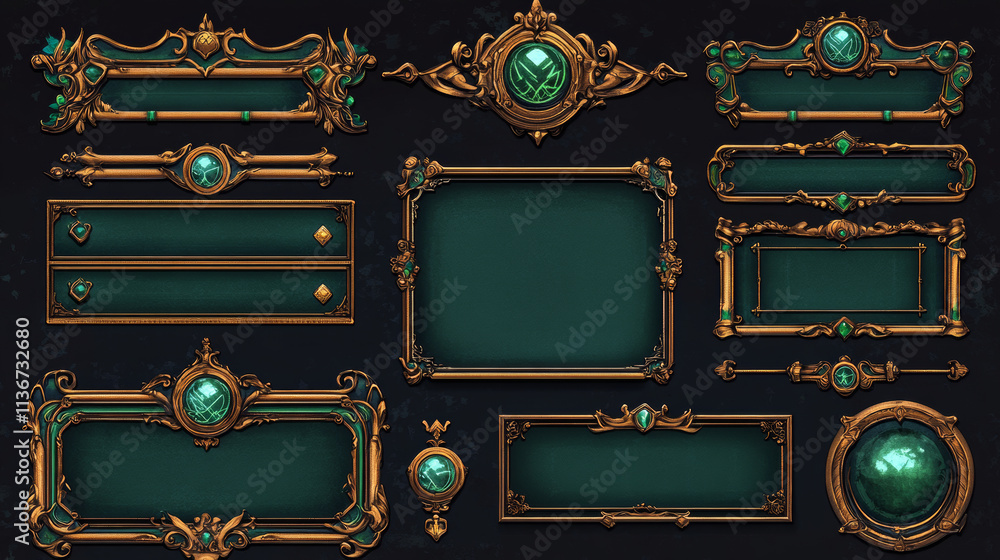 Stock-Illustration „Game ui frames, green medieval borders with gold ...