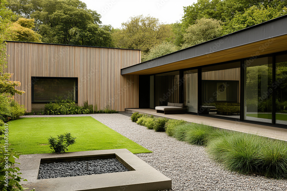 A modern garden design featuring a small courtyard with wooden cladding ...
