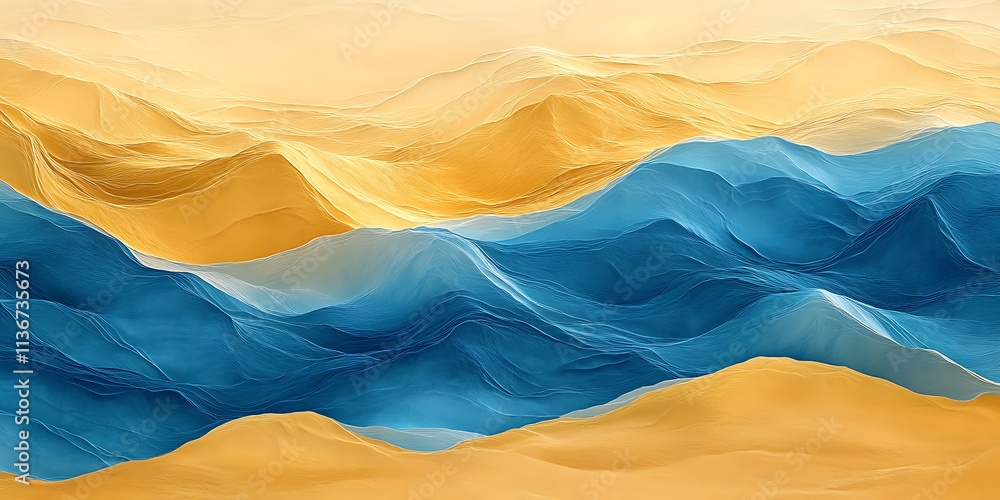 Subtle gradients of soft blue waves blending into golden sand, seen ...