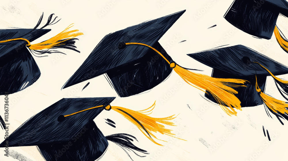Throw up graduation caps in air. Flying black academic hats with yellow ...