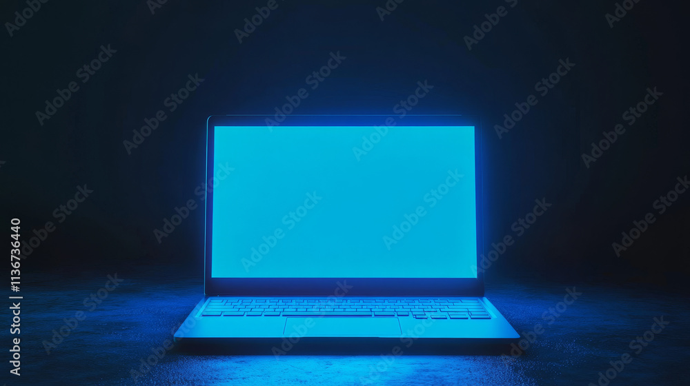 Laptop computer with blue backlit keyboard and blank screen front and ...