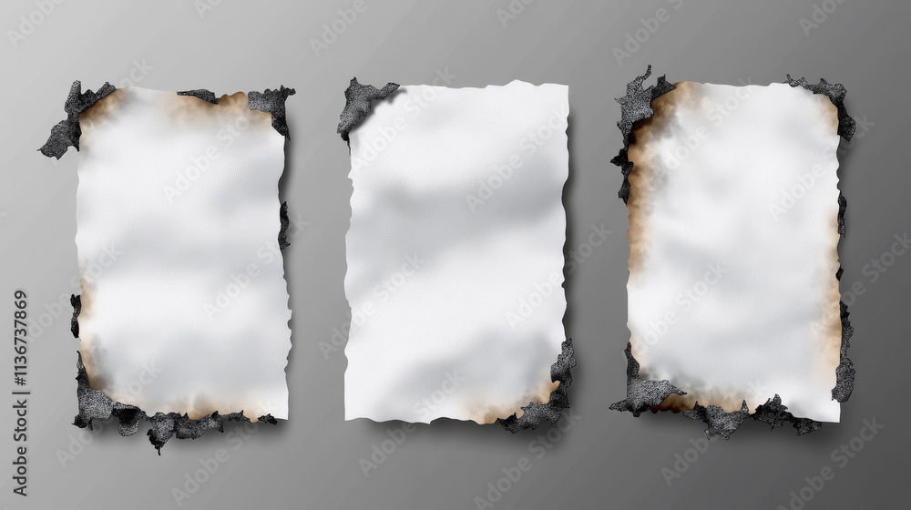 White paper notes in fire, square and rectangular blank pages with ...