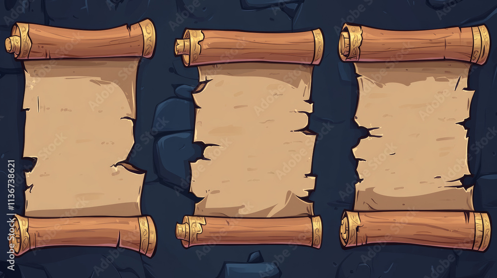 Ilustración de Stock Parchment scroll for game ui design. Cartoon vector illustration set of ...