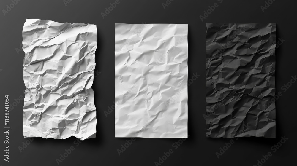 Crumpled paper effect, flyers, texture, posters. Black, white and ...