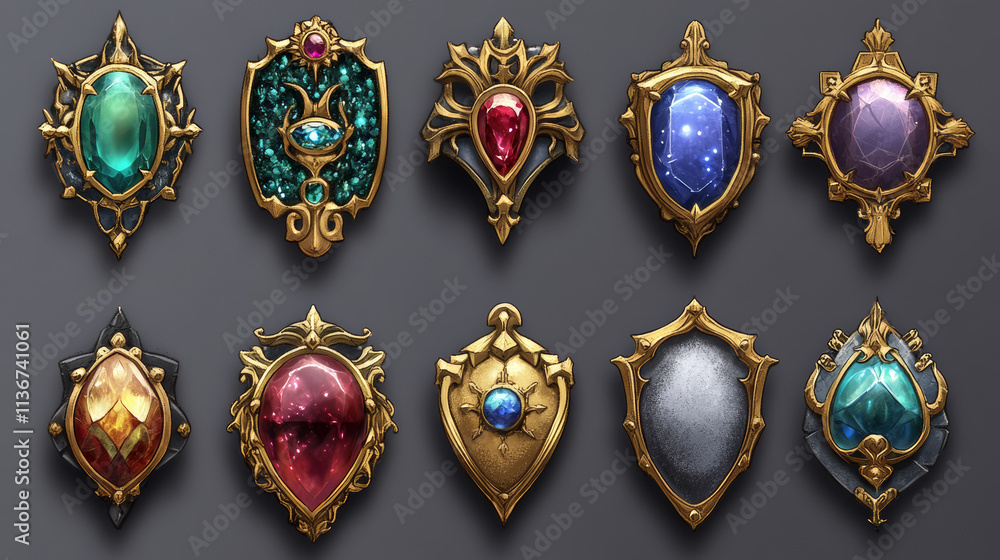 Silver and golden jewelry and treasure emblem or badge with diamond for ...