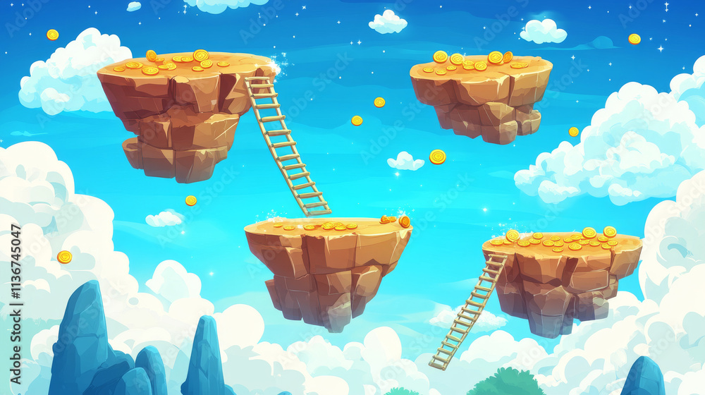 Flying rock islands vector game background sky landscape. 2d ui level ...