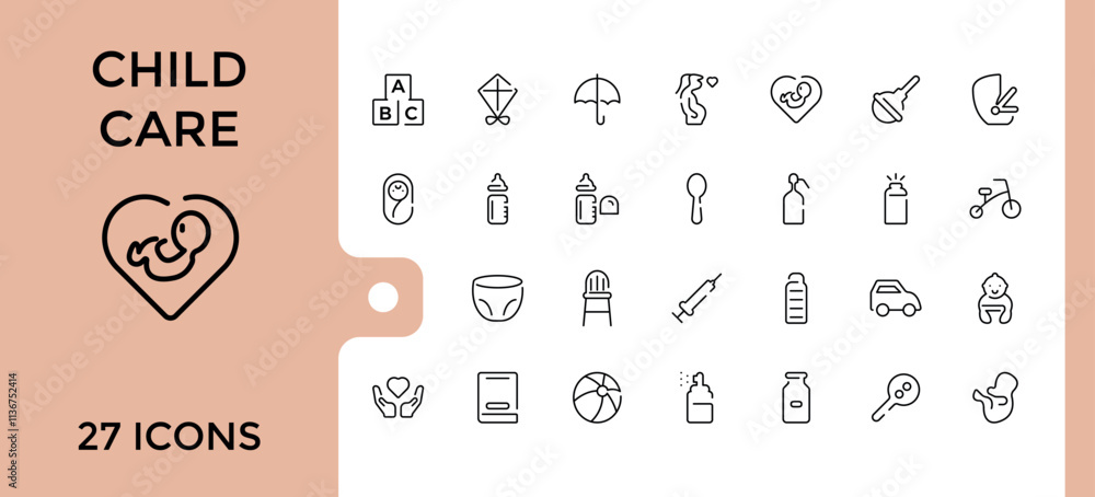Babies Care icons set. Contains such icons as stroller, bear, bottle ...