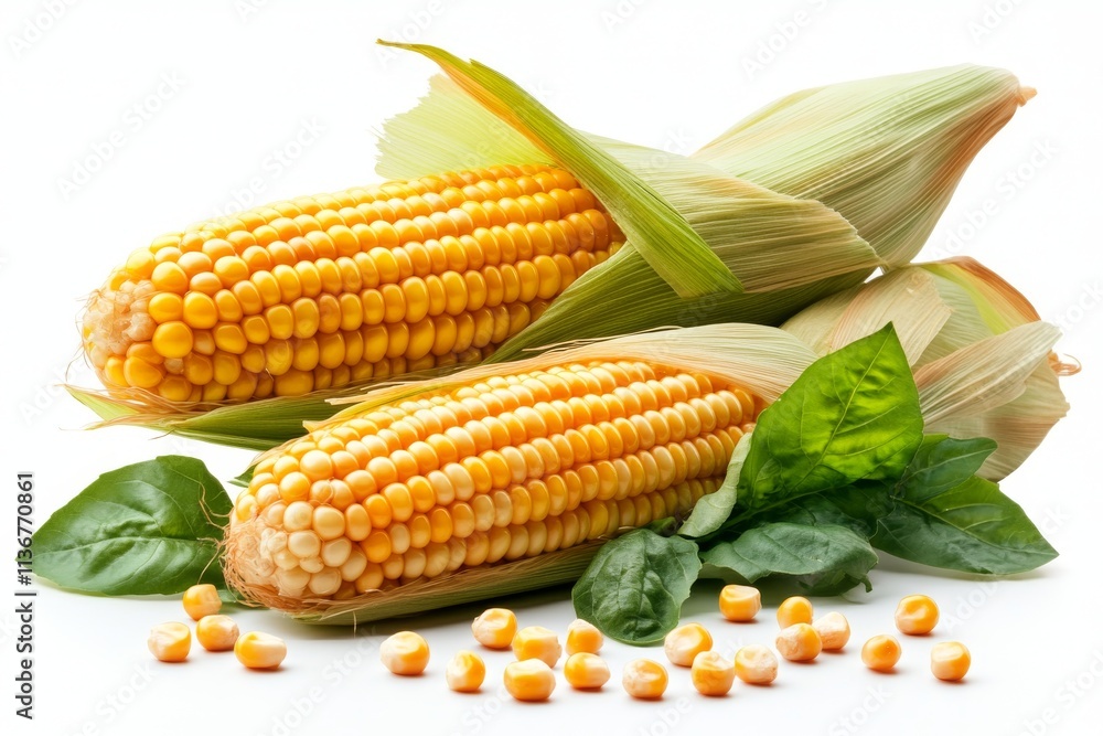 Tres mazorcas de maíz amarillo brillante con hojas verdes, listas para ...