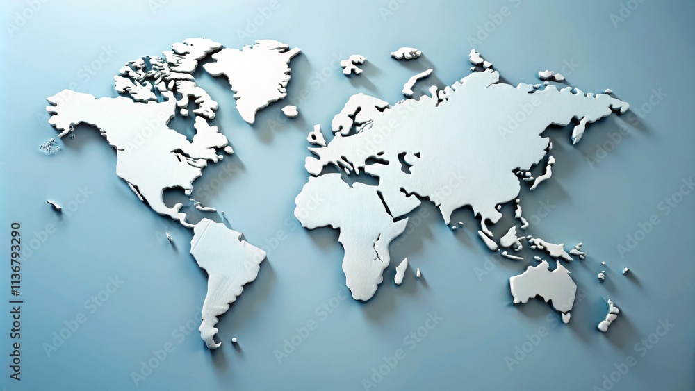Overhead View 3D Embossed World Map, Silver Texture, Global Concept ...