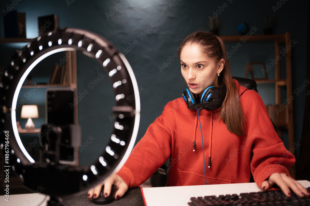 Shocked female gamer streamer live streaming using ring light with ...