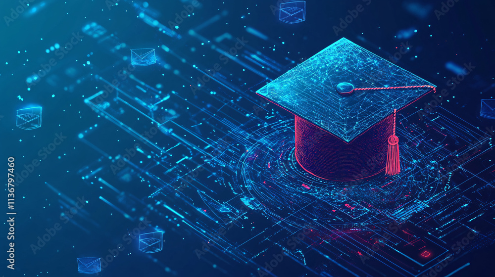 A cyber graduation cap icon with education metrics floating around ...