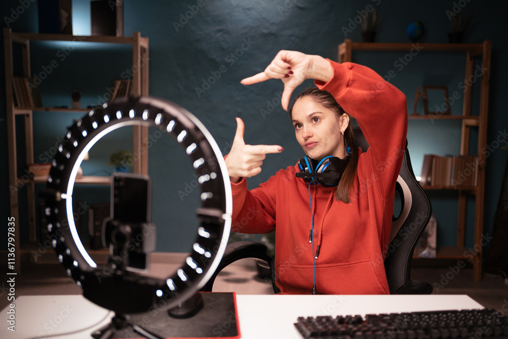 Female gamer streamer live streaming online with ring lamp got ...