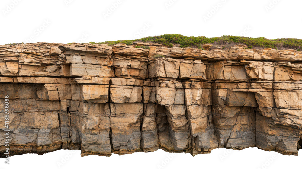 Rocky cliff with textured sedimentary layers and patches of green ...