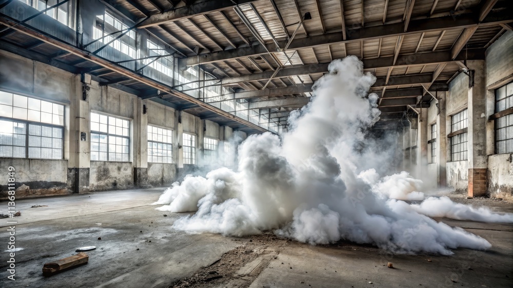 Ground-Level View Smoke in Abandoned Factory, Composition Wide Shot ...